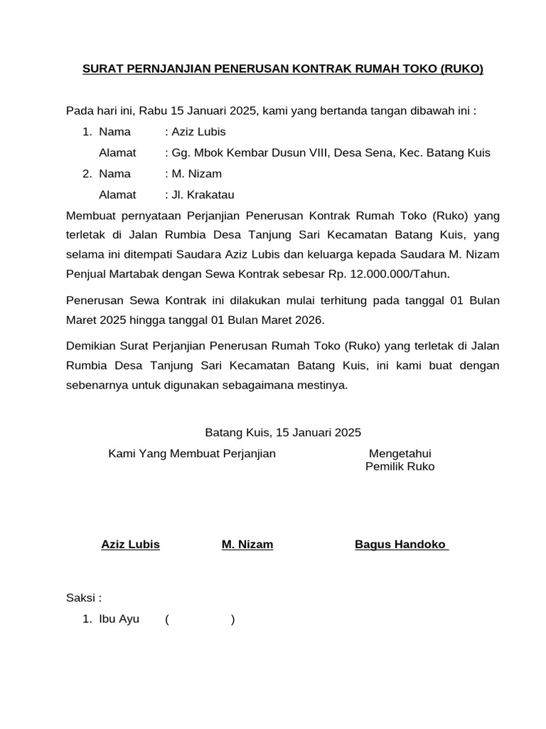 Surat Pernjanjian Penerusan Kontrak Rumah Toko | PDF