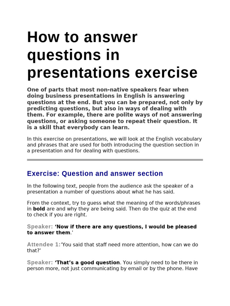 How To Answer Questions in Presentations Exercise | PDF | Question ...