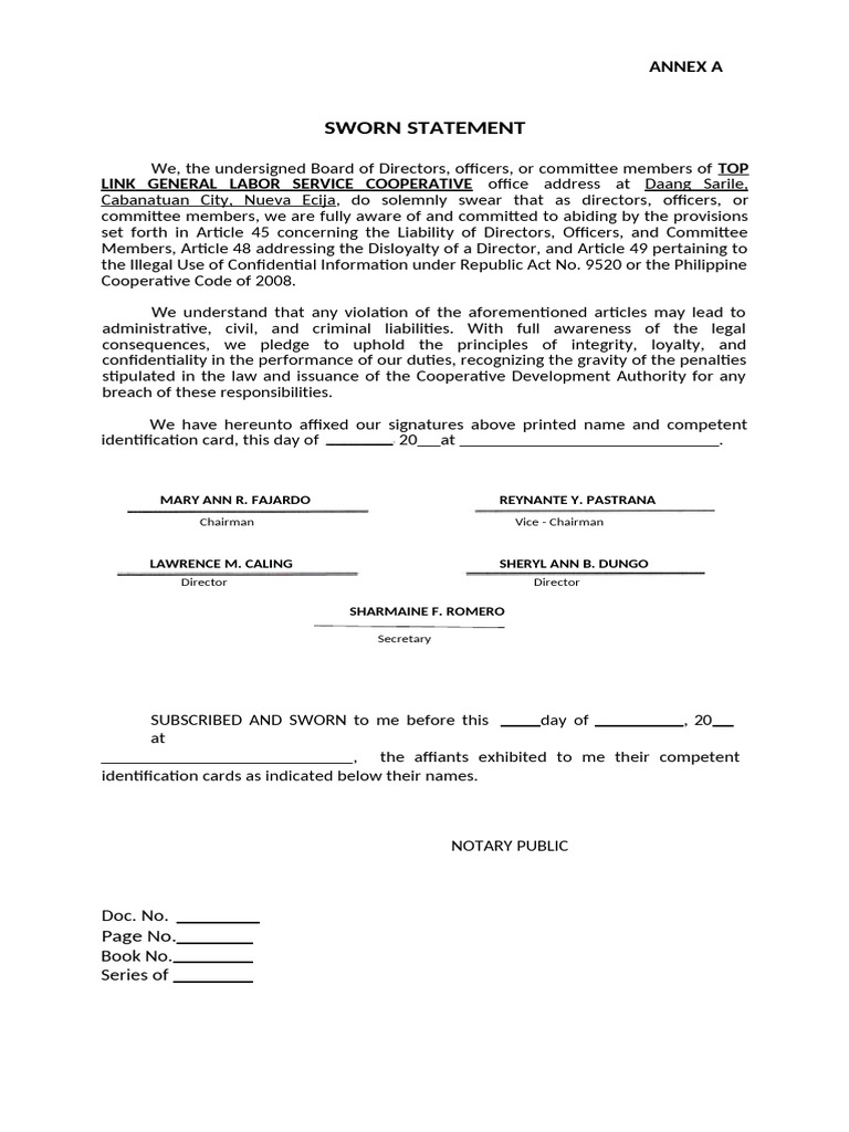 Sworn Statement of Cooperative Officers | PDF