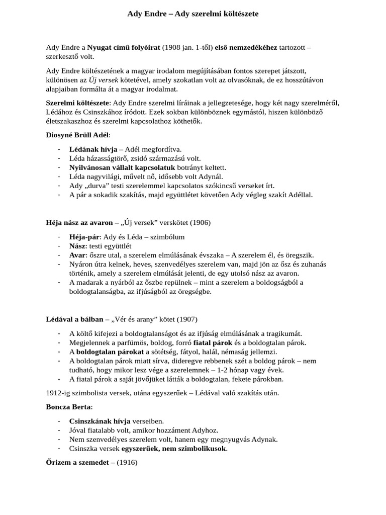 Ady Endre - Ady Szerelmi Költészete | PDF