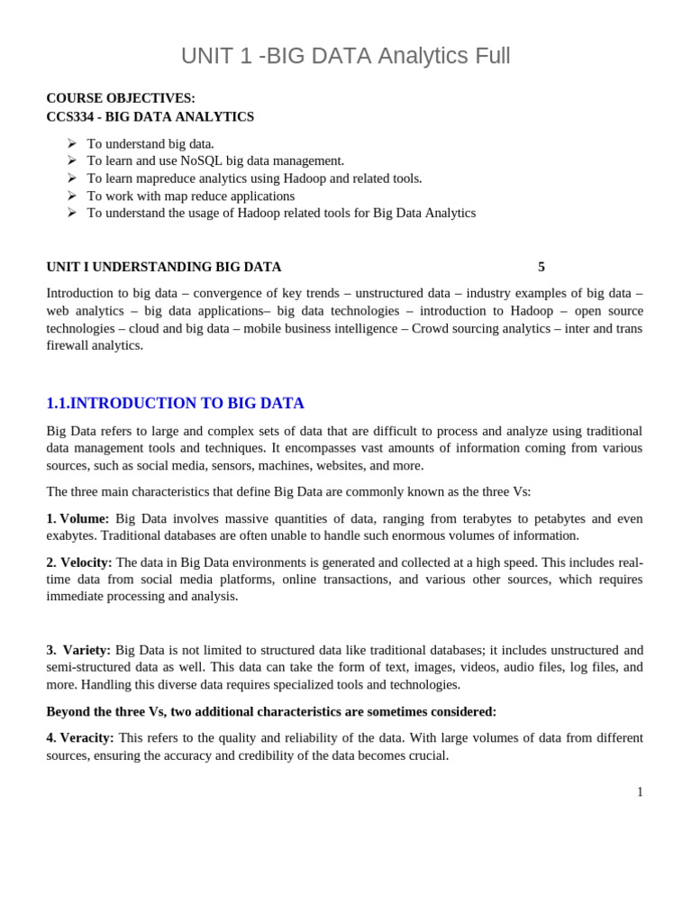 Unit 1 Big Data Analytics Full | PDF | Apache Hadoop | Big Data