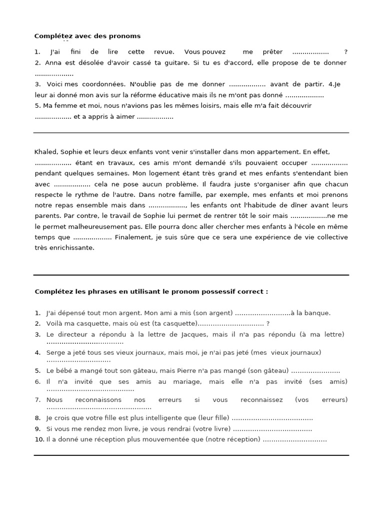 Exercices sur les pronoms possessifs | PDF