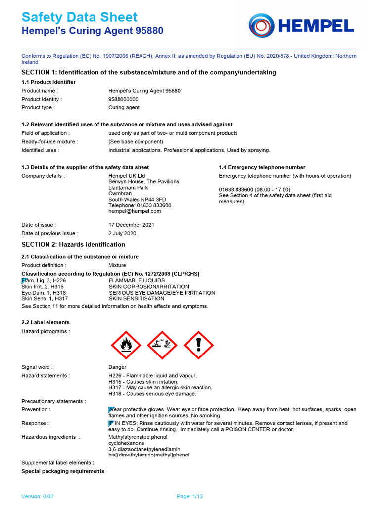 Hempel Curing Agent 95880 | PDF | Occupational Safety And Health | Safety