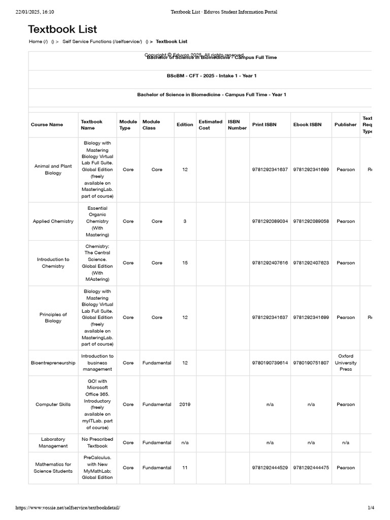 Eduvos Biomedicine Textbook List 2025 | PDF | Textbook | Science