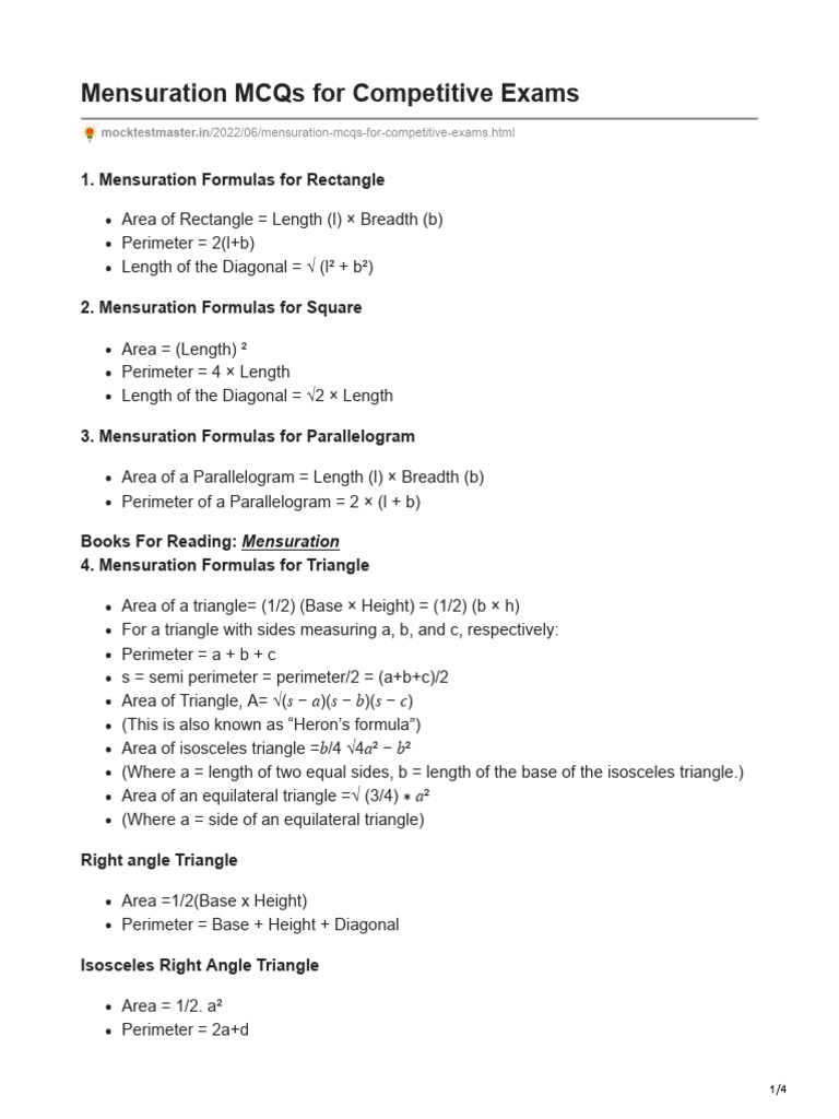 Essential Mensuration Formulas PDF | PDF | Area | Triangle