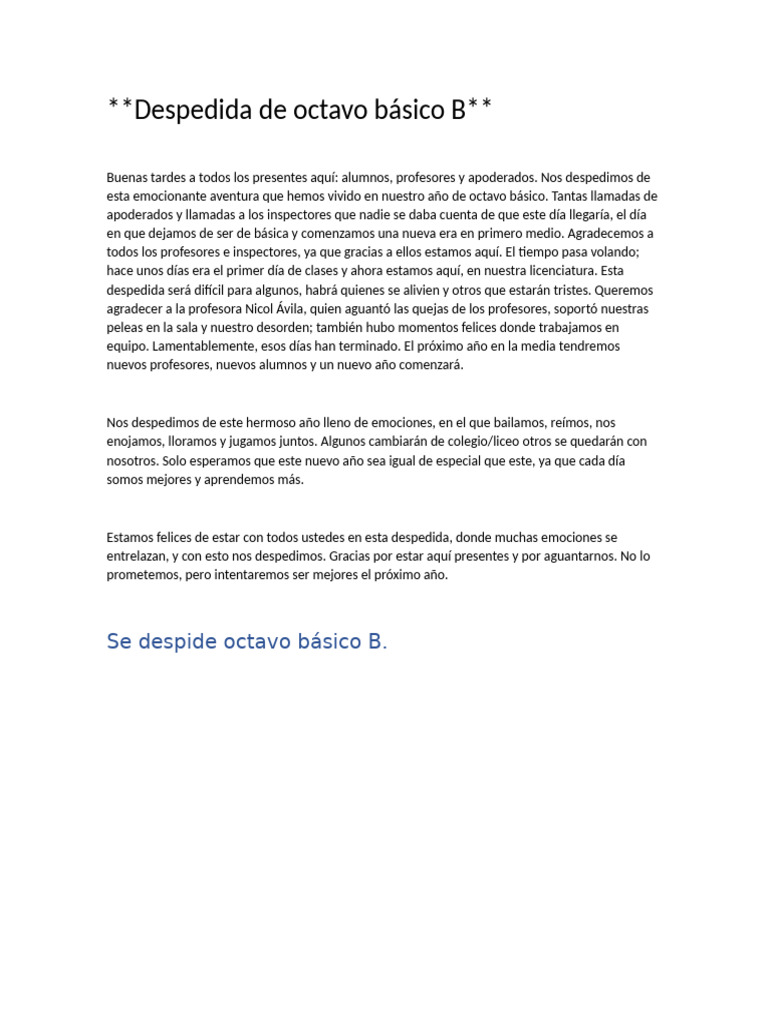 Despedida de Octavo Básico B | PDF