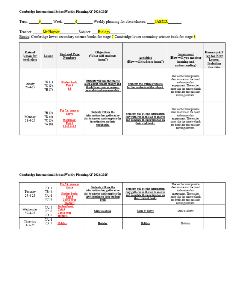 Mr. Haydar, T3W6 Biology, G7&8, 27th April 2025 | PDF