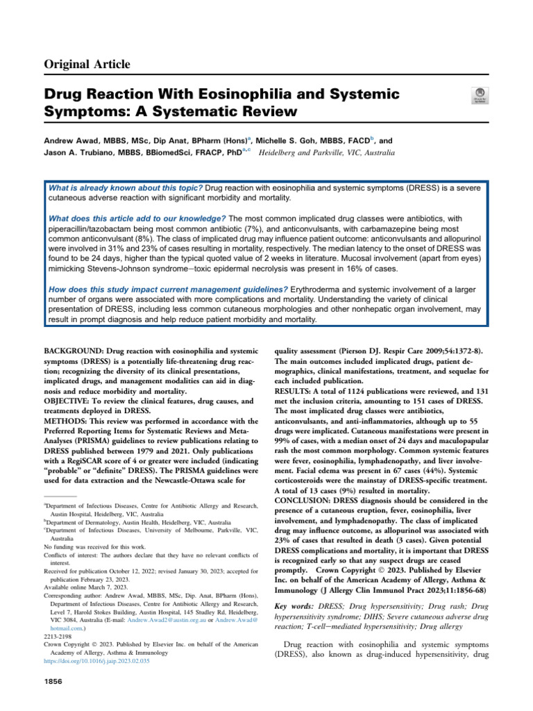 Drug Reaction With Eosinophilia and Systemic Symptoms - A Systematic ...