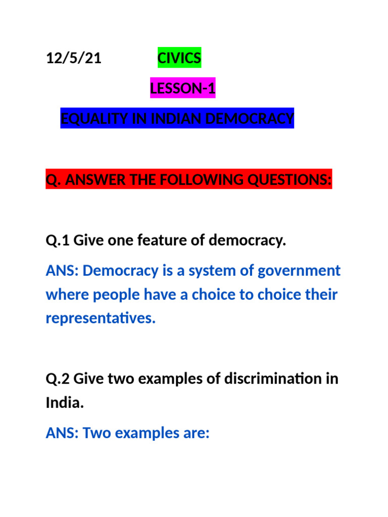 Chapter-1 Equality in Indian Democracy CIVICS 7th | PDF | Monarch ...