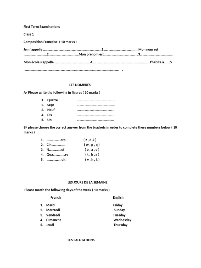 Class 1 First Term Pdf