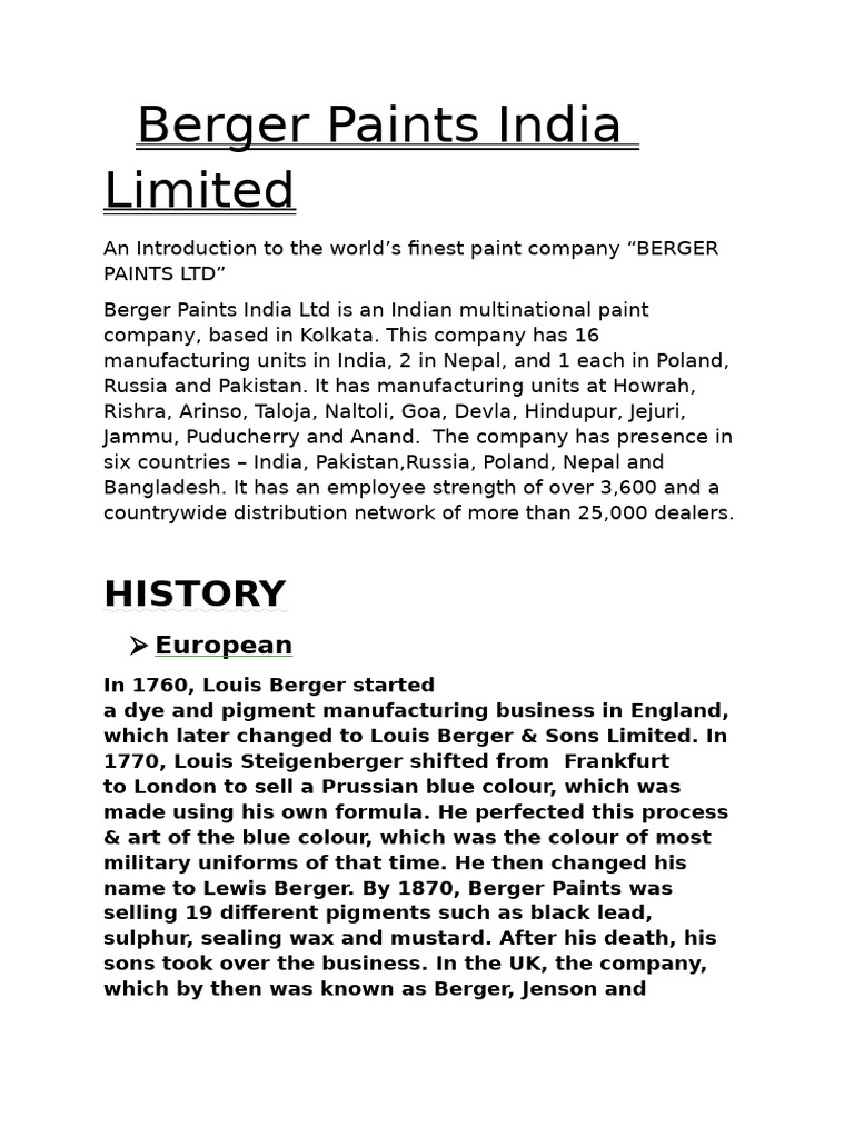 Berger Internship Word Document | PDF | Economy Of India