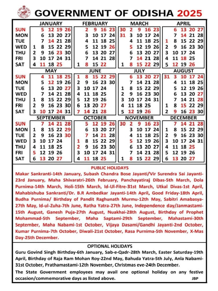 Odisha Govt Holidays List Calendar | PDF