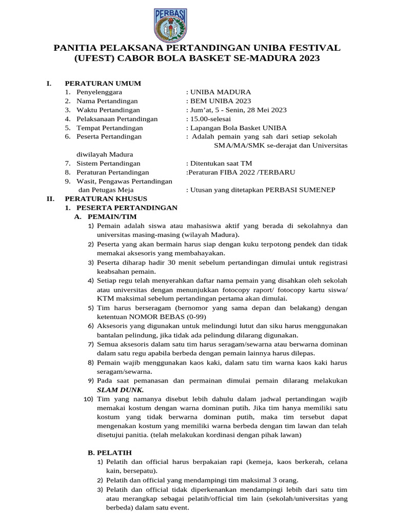 Peraturan Pertadingan Basket Uniba 2023 | PDF