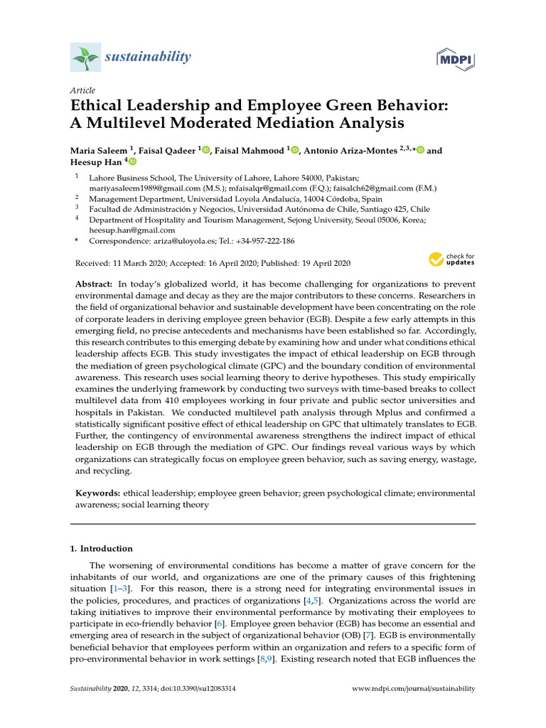 Ethical Leadership and Employee Green Behavior | PDF | Survey ...