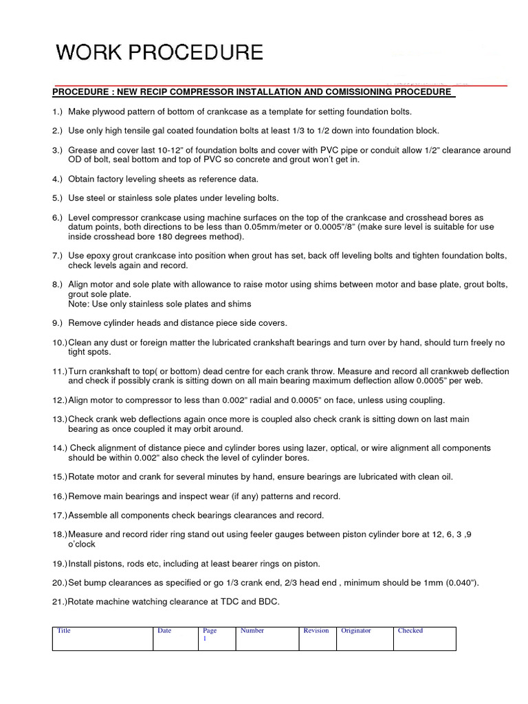 New Recip Compressor Installation and Commissioning Procedure | PDF ...