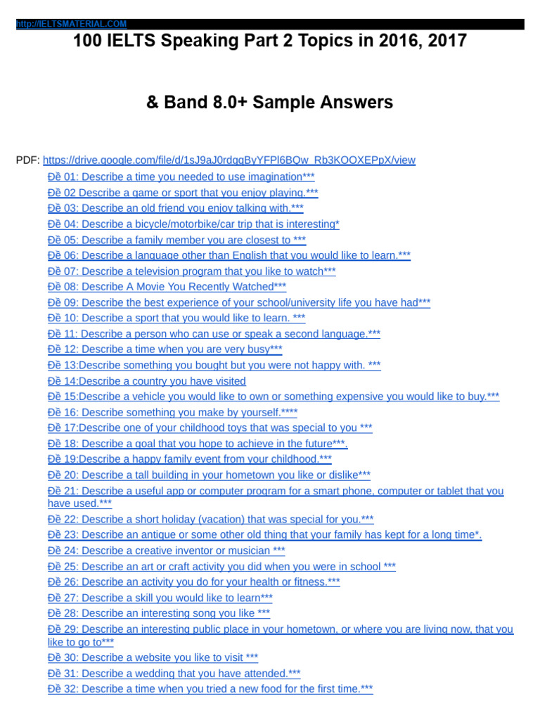 100 IELTS Speaking Part 2 Topics | PDF | Spanish Language