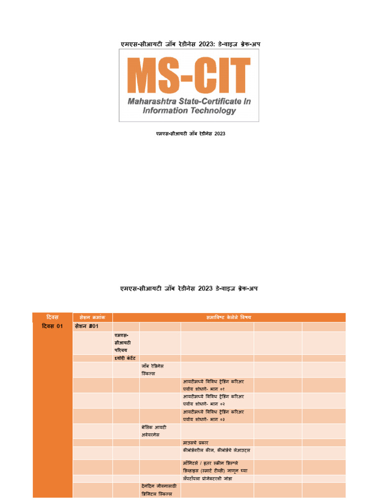 MS-CIT Job Readiness 2023 Day-wise Break-up Marathi v2 | PDF