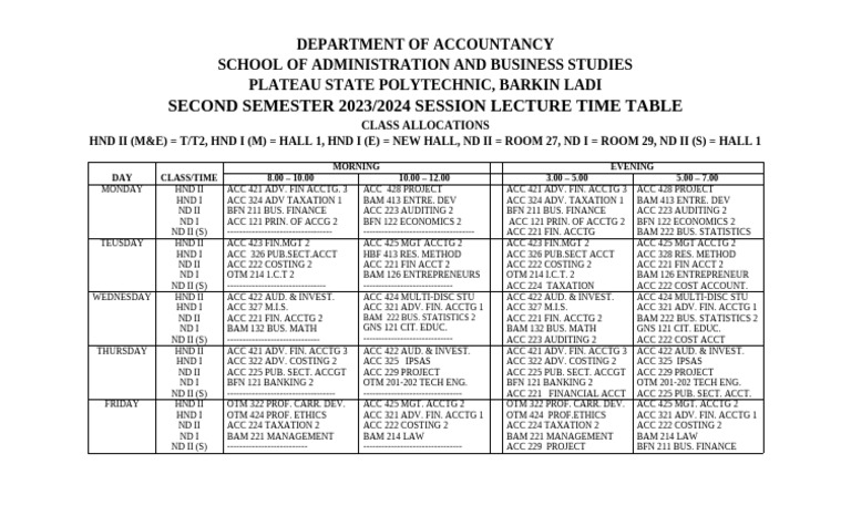 2023-2024 Second Semester Lecture Timetable | PDF
