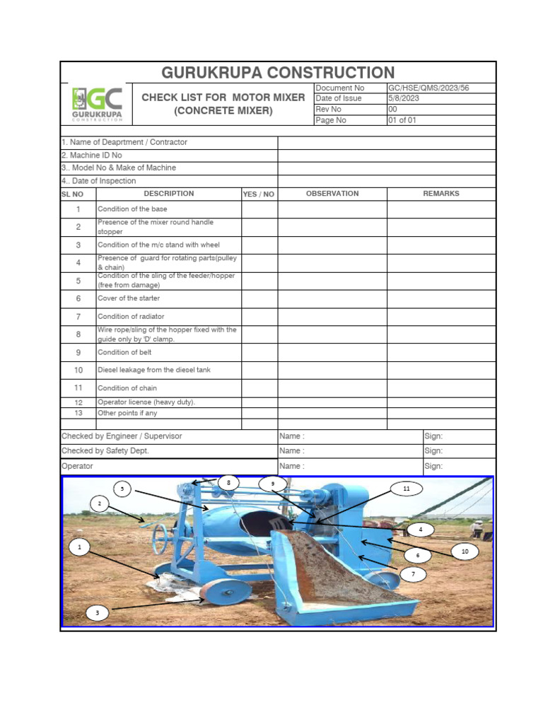 Check List For Conrete Mixer | PDF