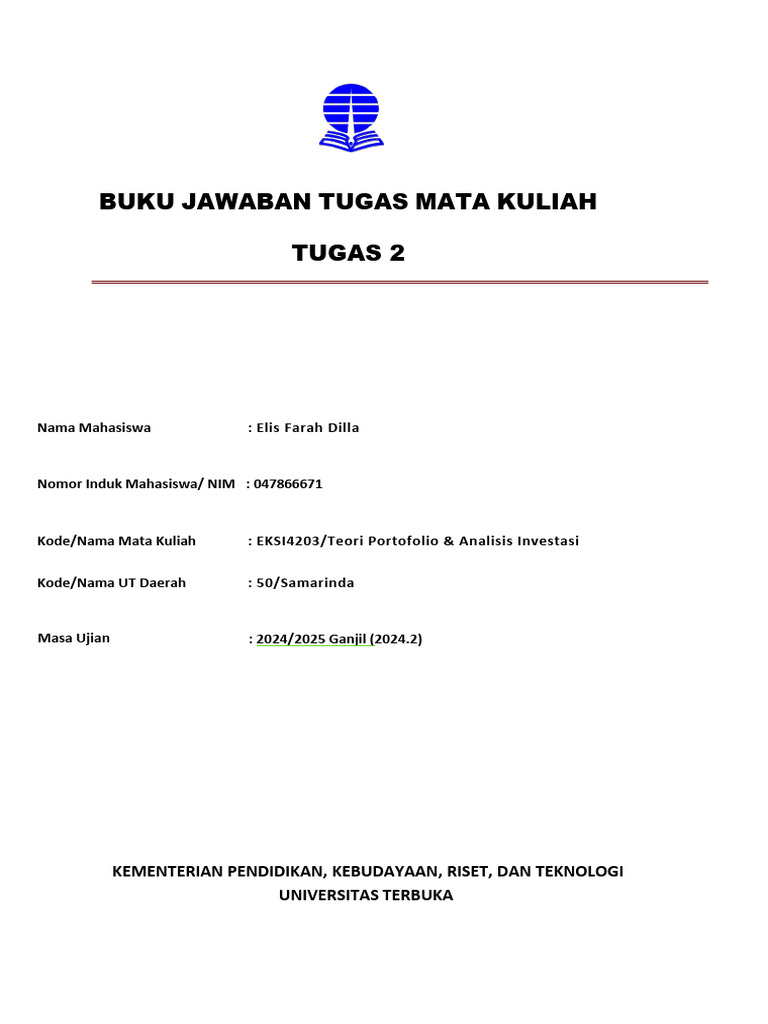 Tugas 2 Teori Portofolio Dan Analisis Investasi - Elis Farah Dilla | PDF