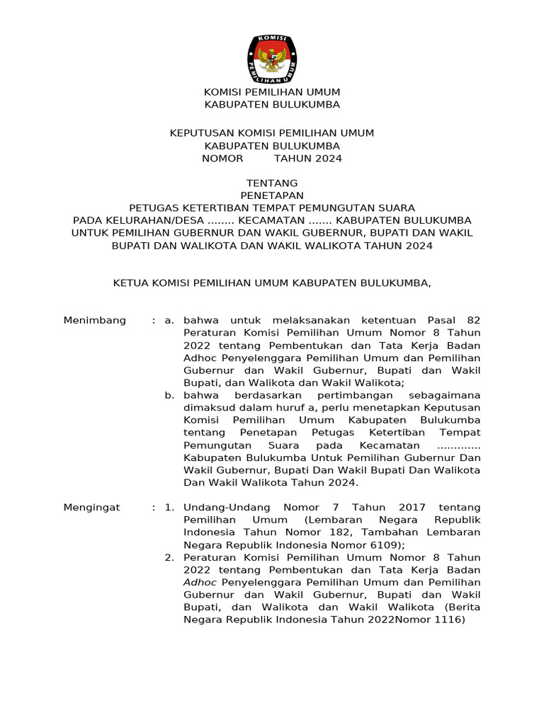 Format Keputusan Penetapan Petugas Ketertiban TPS 2024 | PDF