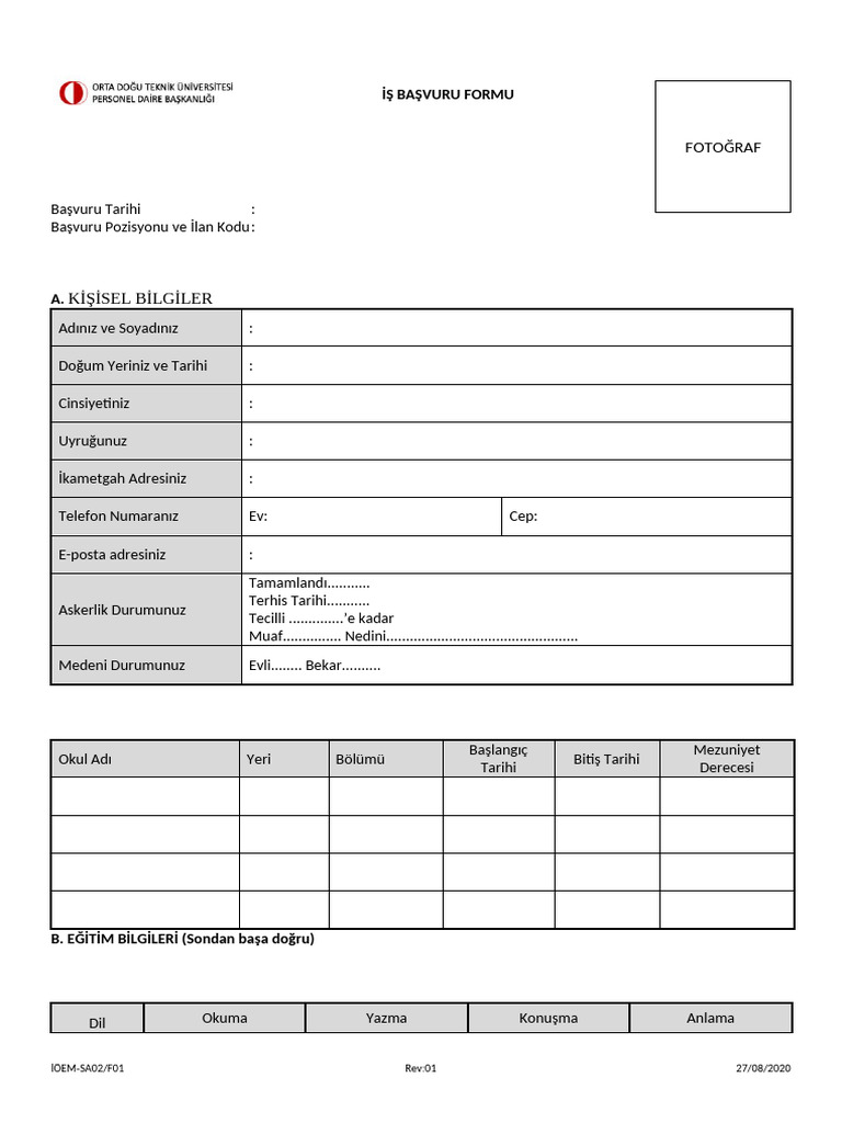 Ioem-Sa02-F01 Is Basvuru Formu Rev01 | PDF