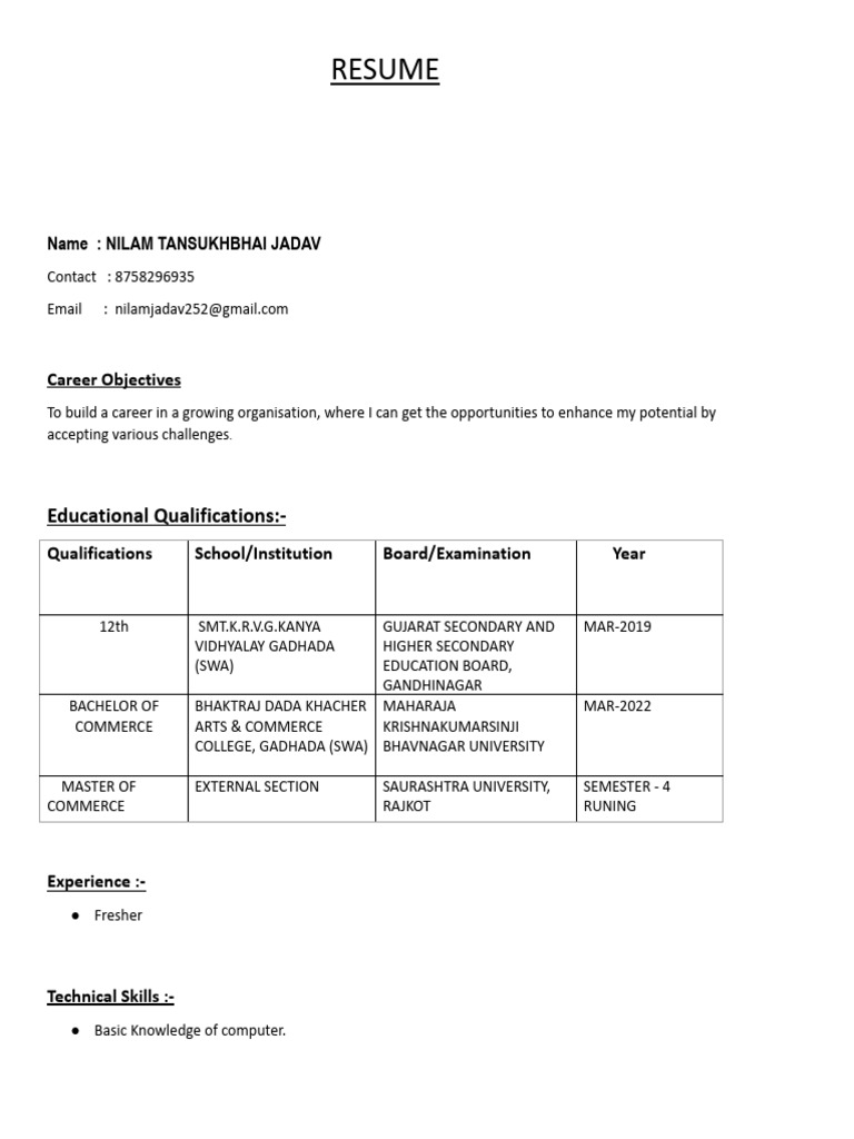 Neelam Resume Fresher | PDF