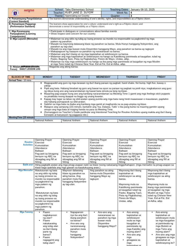 Kindergarten-DLL-Matatag-Q3 Week 4 | PDF