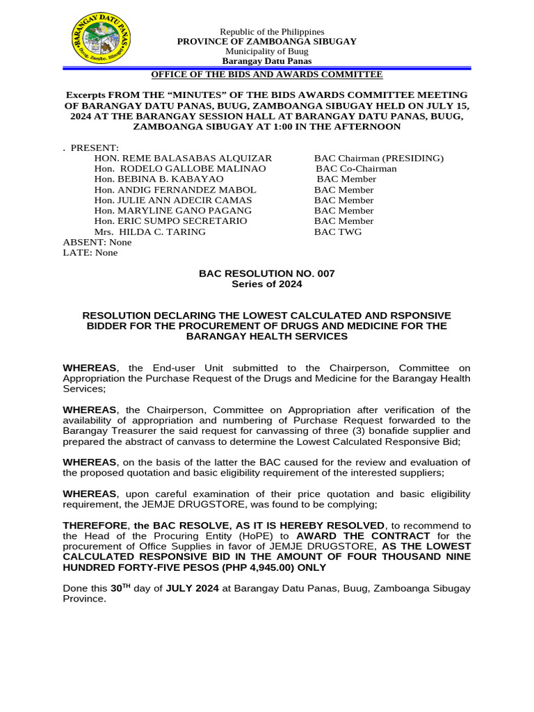 BAC Meeting Minutes for Drug Procurement | PDF