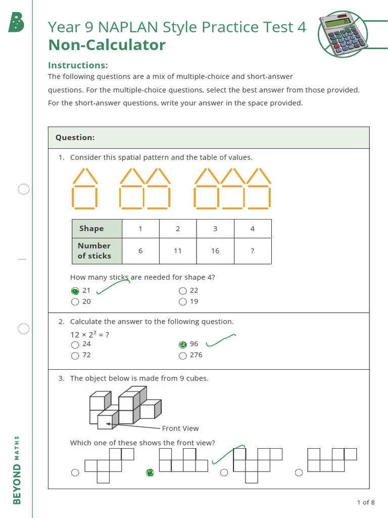 Year 9 NAPLAN Style Practice Test 4 Non-Calculator - Worksheet ...