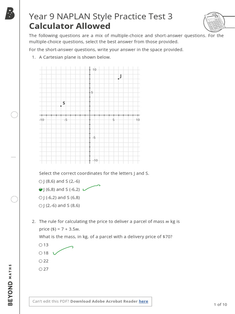 Year 9 NAPLAN Style Practice Test 3 - Calculator Allowed (Interactive ...