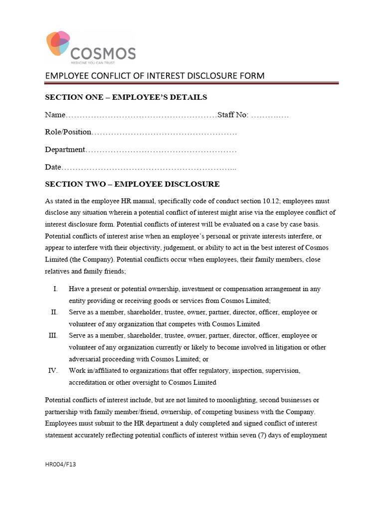 Employee Conflict of Interest Form | PDF | Conflict Of Interest | Board ...