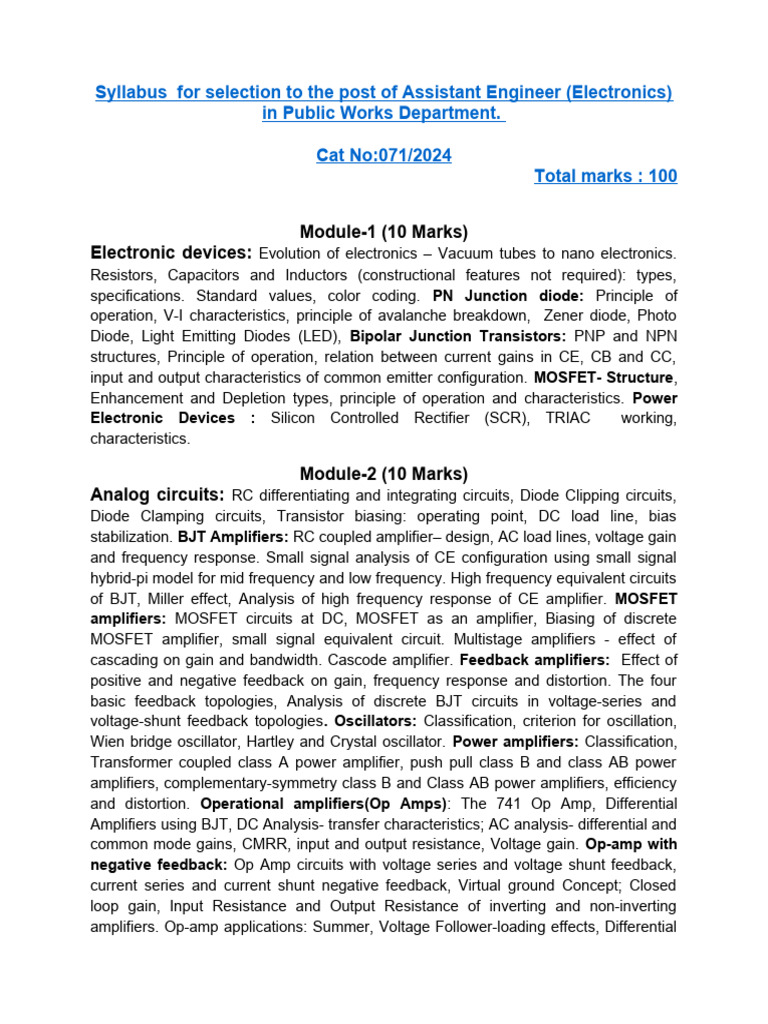 Assistant Engineer (Electronics) - PWD - Syllabus | PDF | Amplifier | Bipolar Junction Transistor