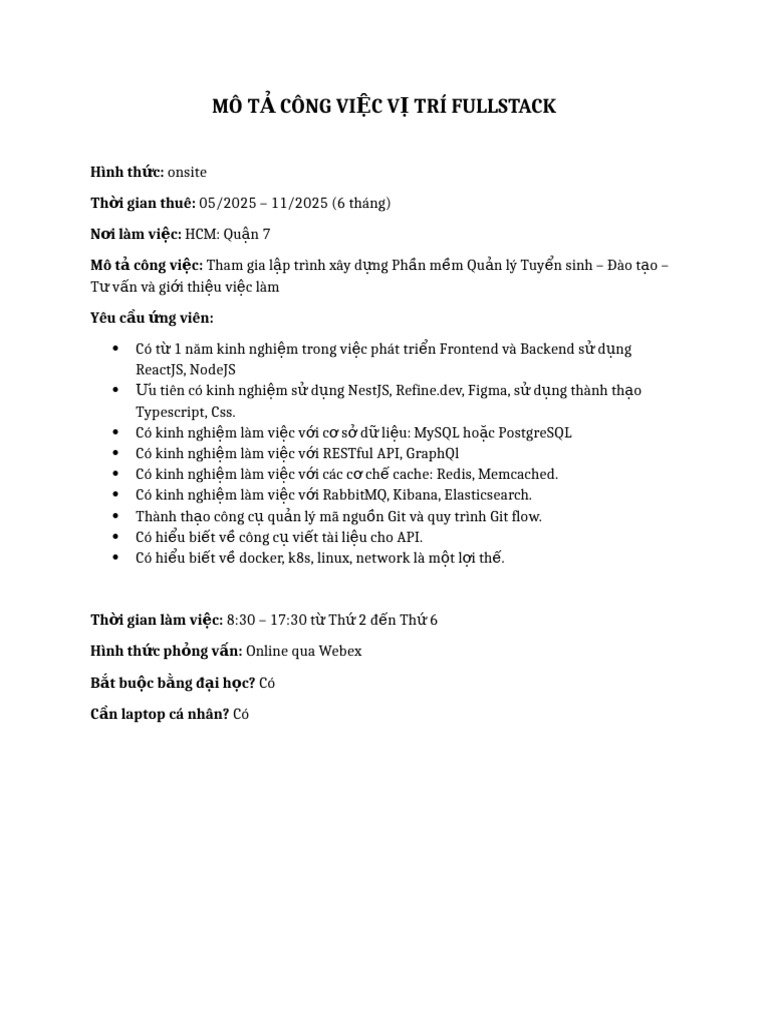 MÔ TẢ CÔNG VIỆC VỊ TRÍ FULLSTACK | PDF