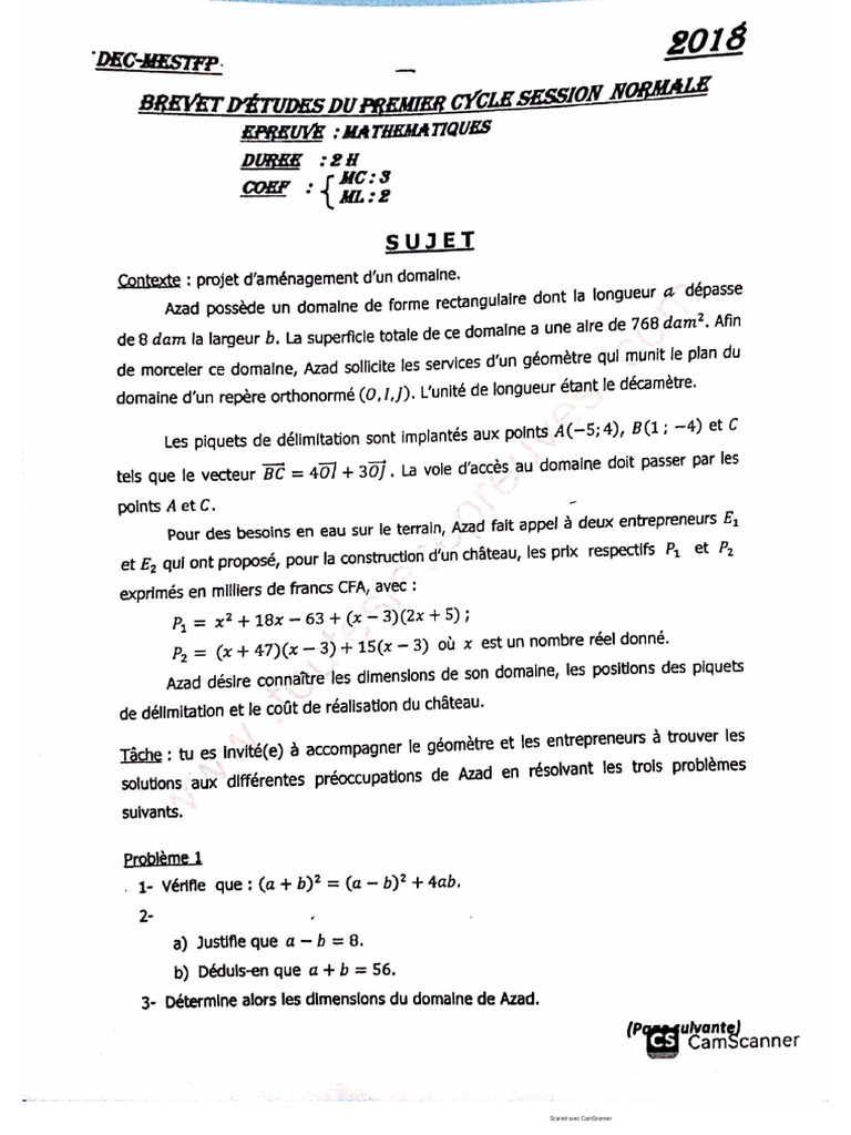 Sujets Maths BEPC Congés | PDF