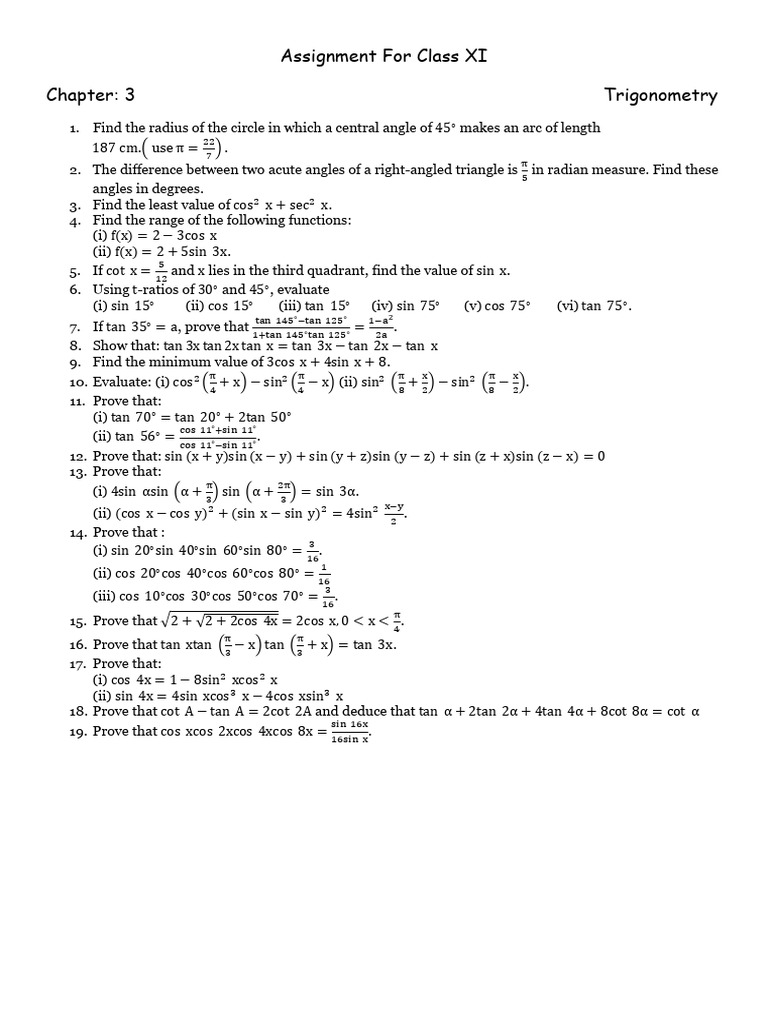 Assignment On Trigonometry, Quadratic Equations | PDF | Trigonometry ...