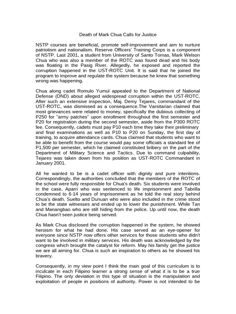 Death of Mark Chua Calls For Justice | PDF | Justice | Crime & Violence