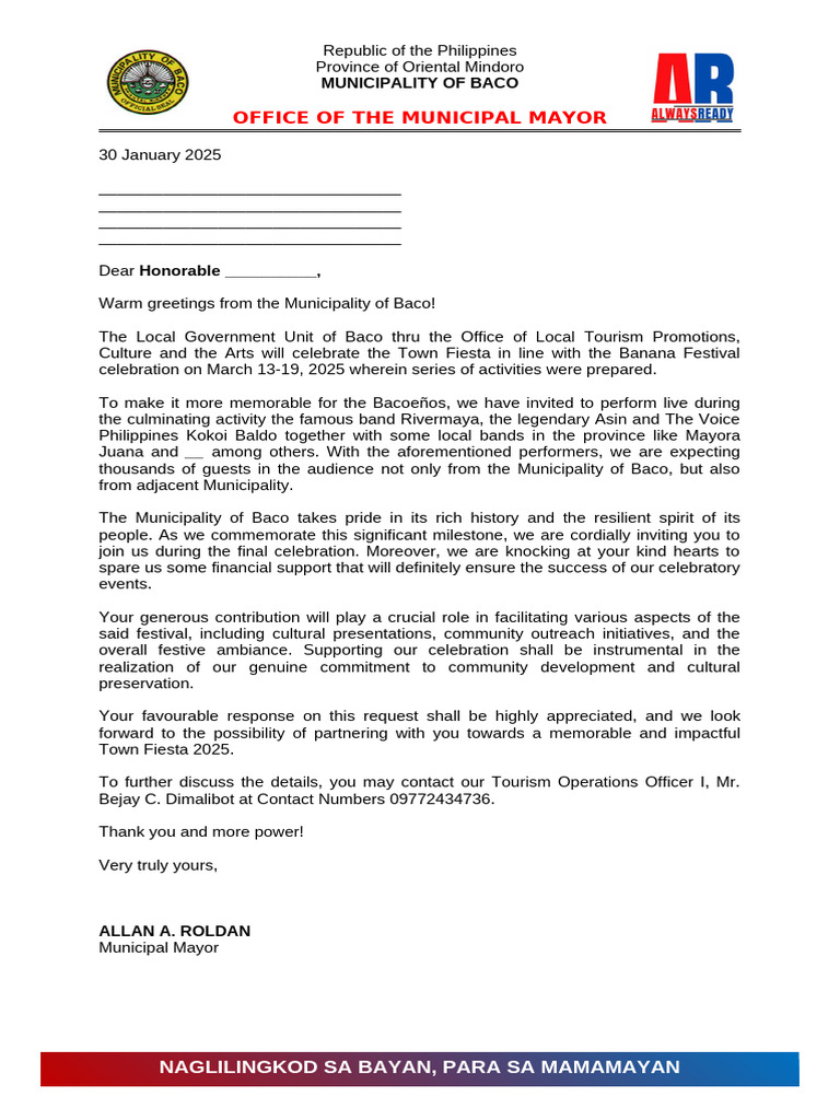 Letter to Municipal Mayor for Founding Anniversary 2024 | PDF