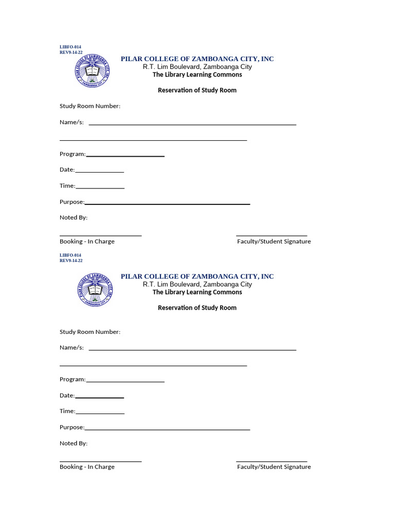 Pilar College Study Room Reservation | PDF