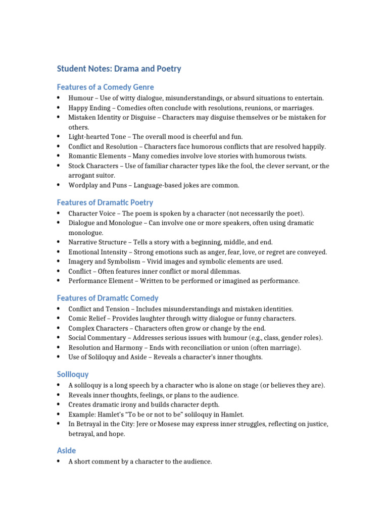 Student Notes Drama and Poetry | PDF | Monologue | Comedy