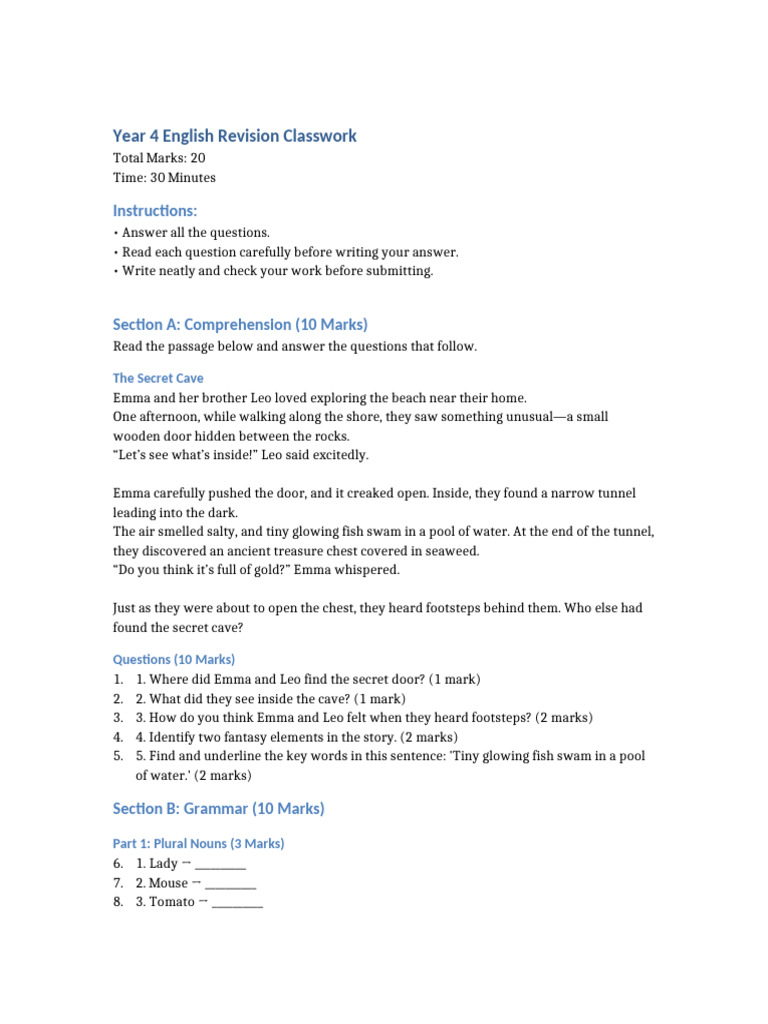 Year 4 English Revision Classwork | PDF