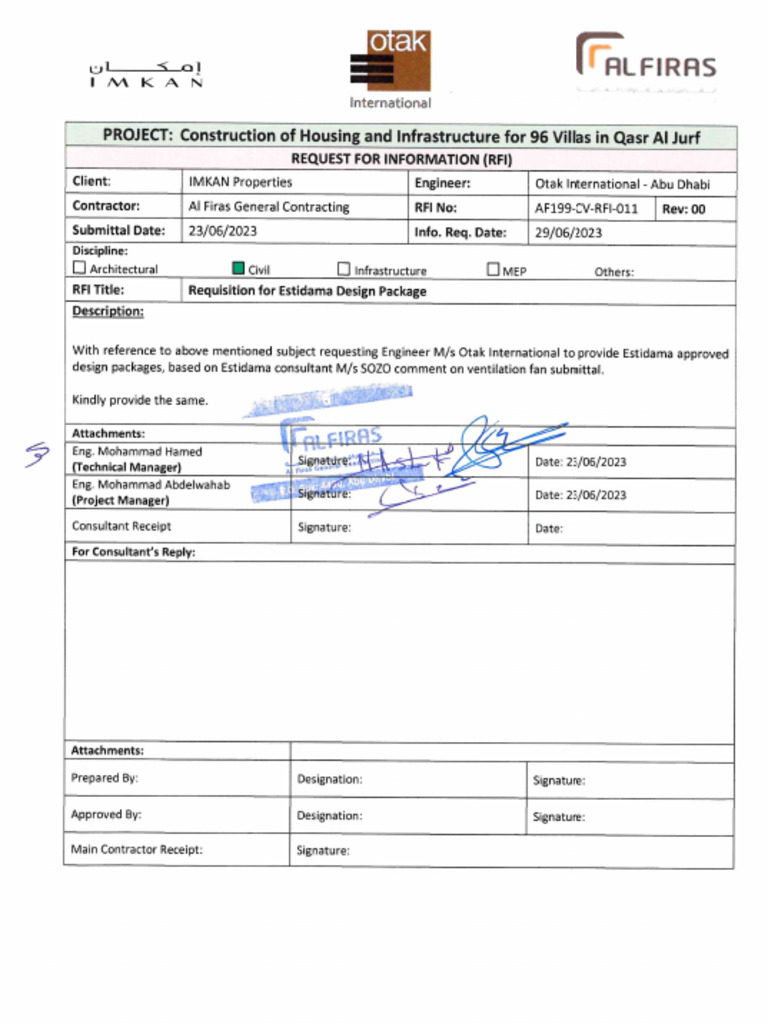 AF199-CV-RFI-011 Rev.00-Requisition For Estidama Design Package | PDF