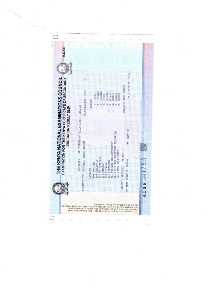 Grace Kcse Resultslip | PDF