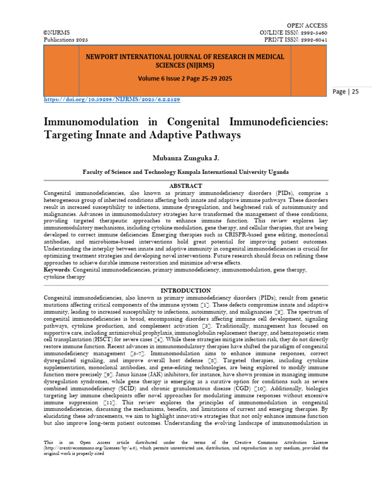 Immunomodulation in Congenital Immunodeficiencies: Targeting Innate and ...