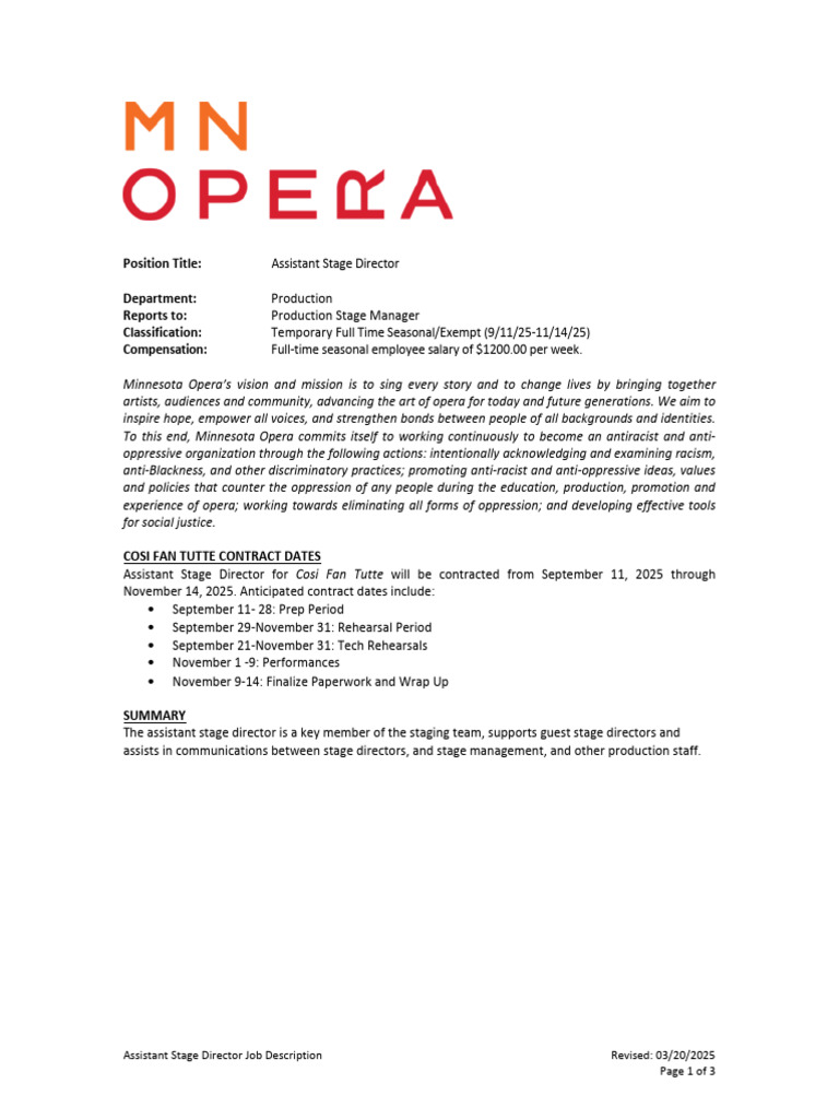 Assistant Stage Director Job Description | PDF