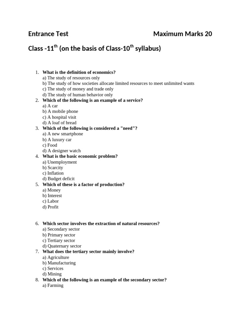 Class 11 Economics Entrance Test Guide | PDF | Opportunity Cost | Goods