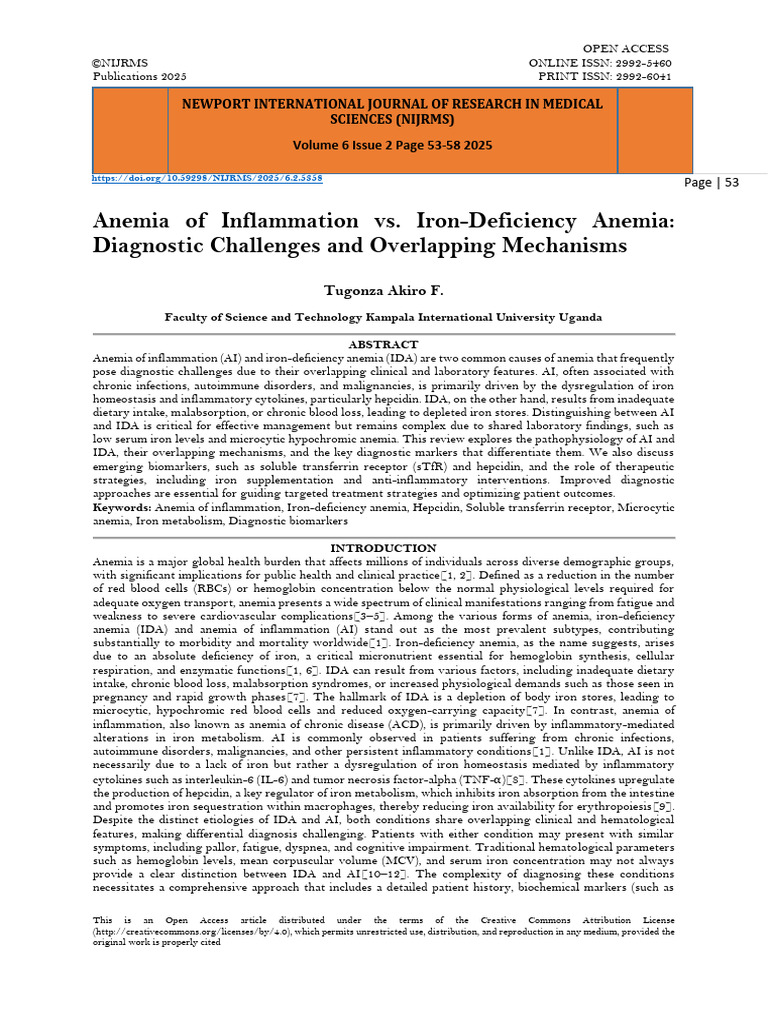 Anemia of Inflammation vs. Iron-Deficiency Anemia: Diagnostic ...