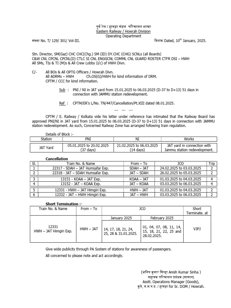 Cancellation of Trains Due To NI at JAT | PDF