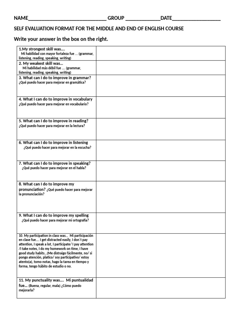 Self Evaluation Format For The Middle and End of English Course | PDF