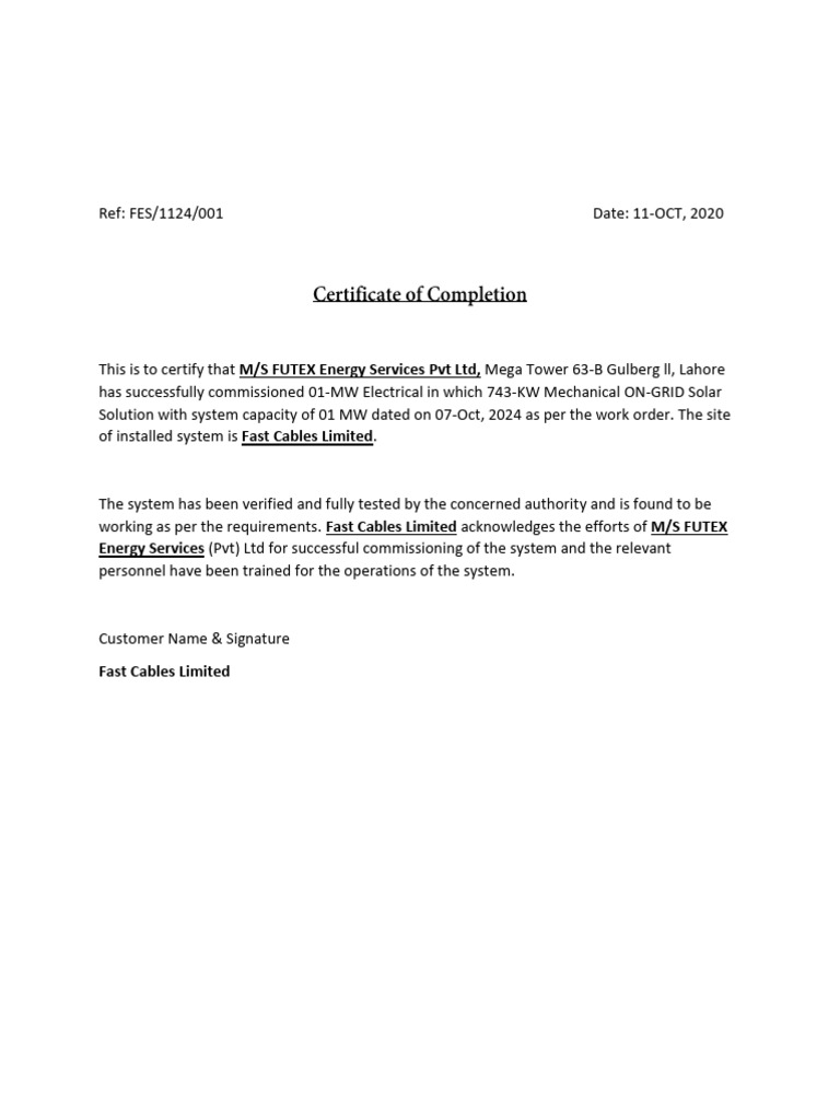 Certificate of Completion for 1 MW Solar System | PDF